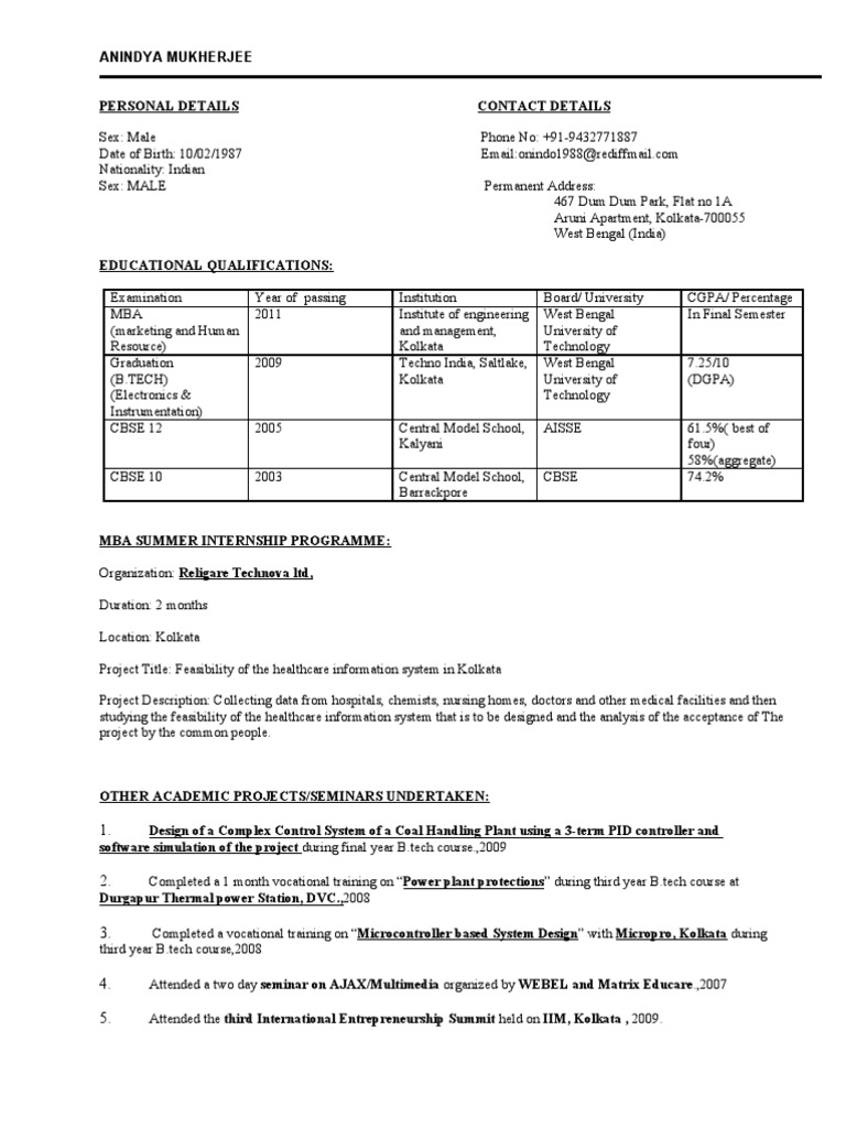 Resume Example | PDF | Kolkata | Science