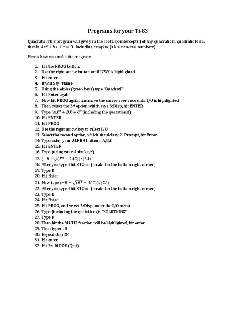 TI-83 Quadratic Program | PDF
