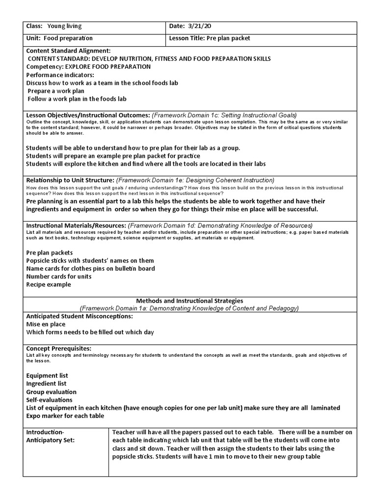 Food Lab Preplan Lesson Plan | PDF | Educational Assessment | Lesson Plan