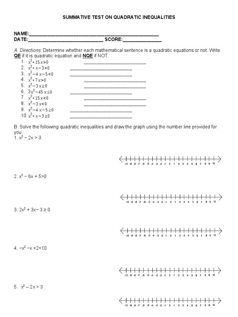 Summative Test On Quadratic Inequalities | PDF | Teaching Methods ...
