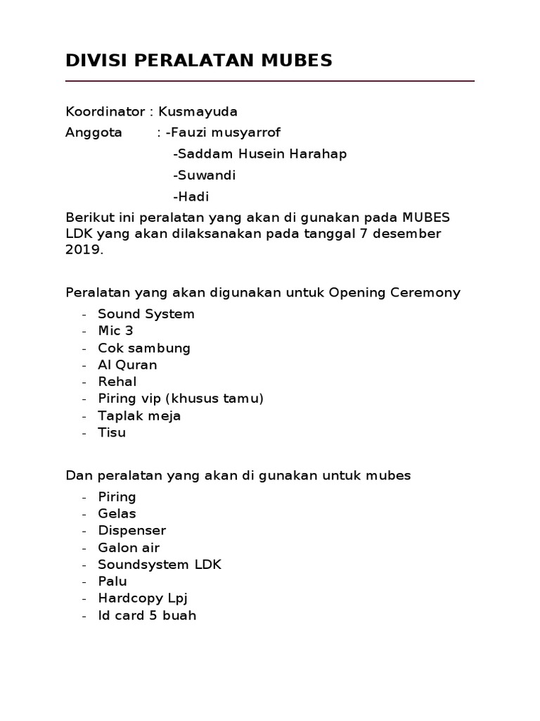 Divisi Peralatan Mubes | PDF
