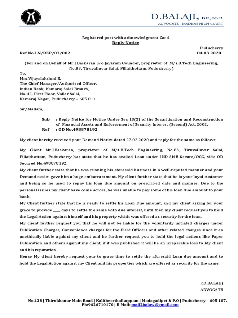 Indian Bank Reply Notice - Advocate Balaji | PDF | Loans | Business Law
