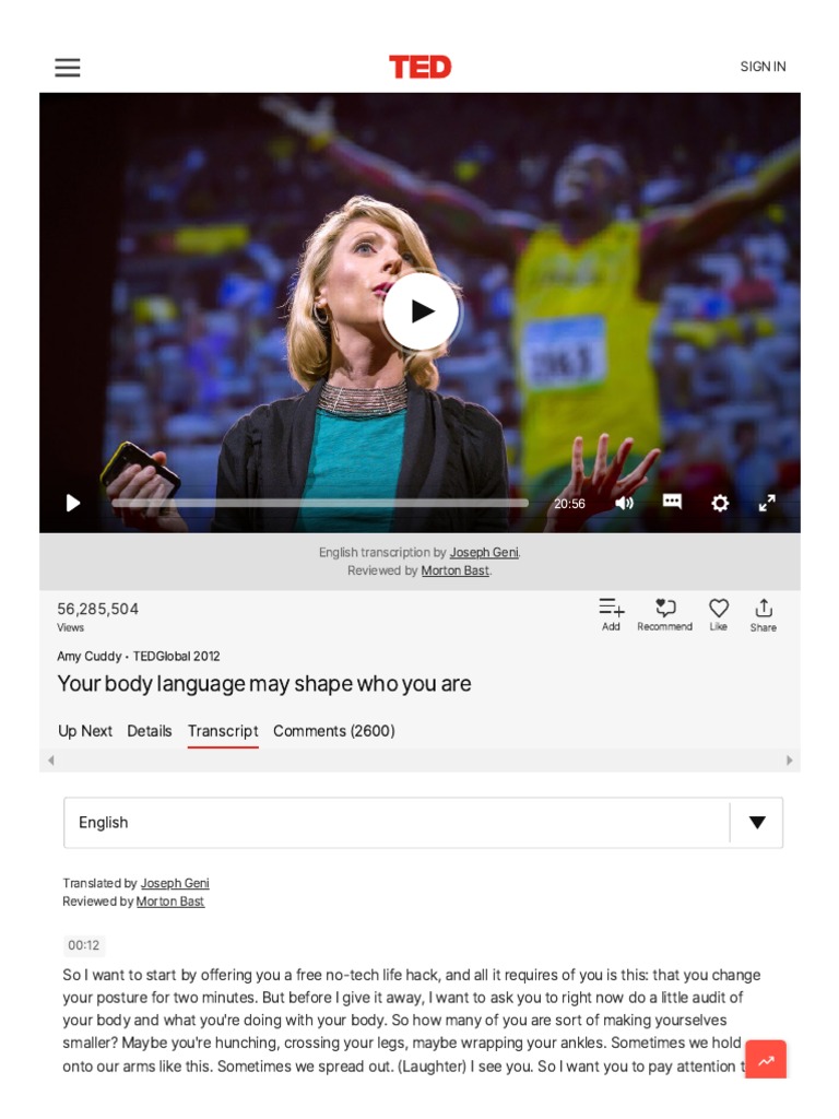 Amy Cuddy - Your Body Language May Shape Who You Are - TED Talk-1 | PDF ...