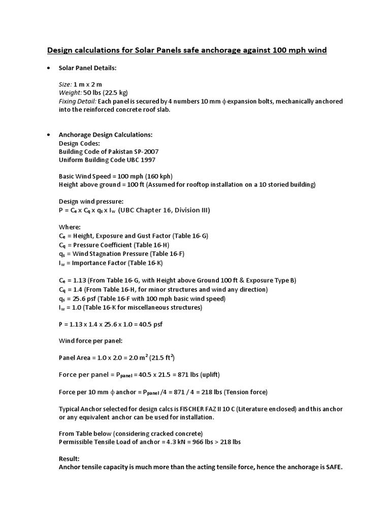Design Calculations For Solar Panels Anchorage | PDF