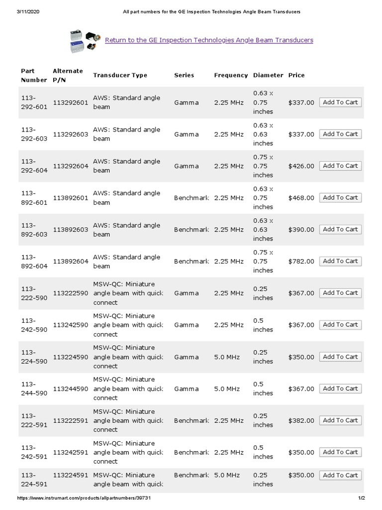 All Part Numbers For The GE Inspection Technologies Angle Beam ...