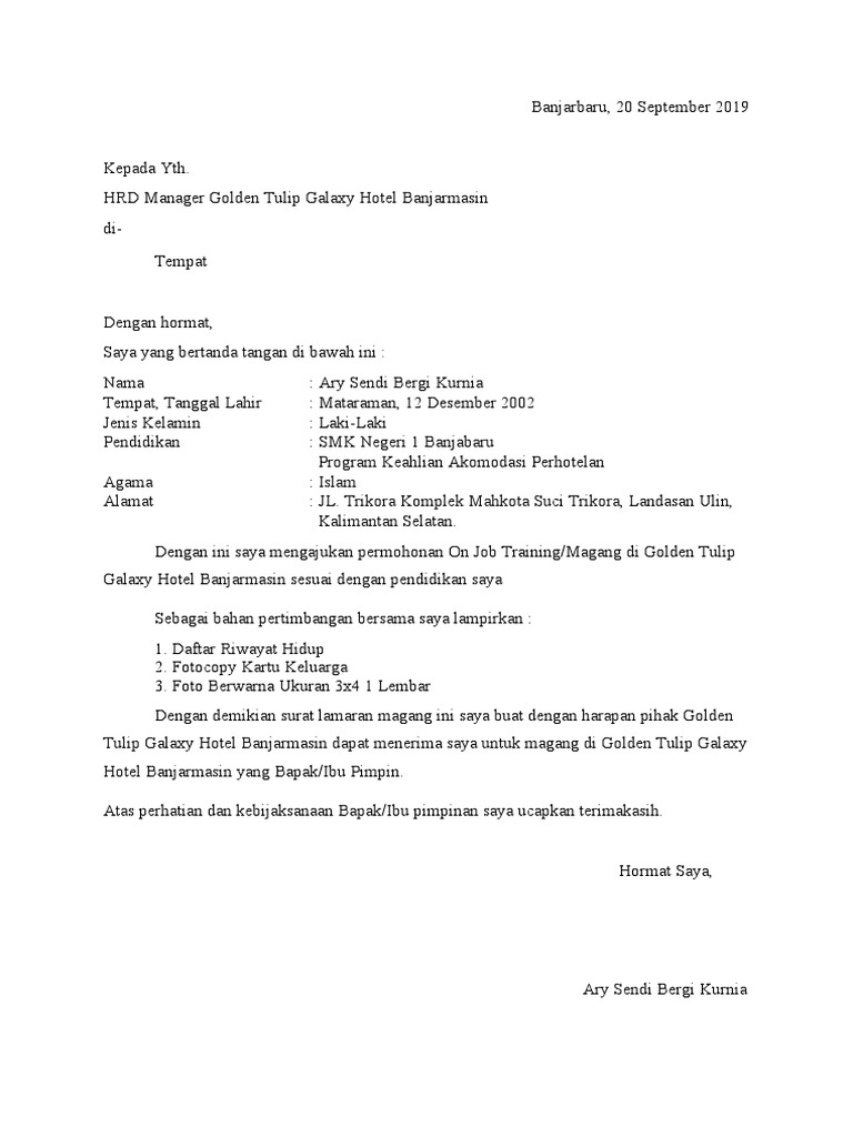 Lamaran Magang di Hotel Banjarmasin | PDF