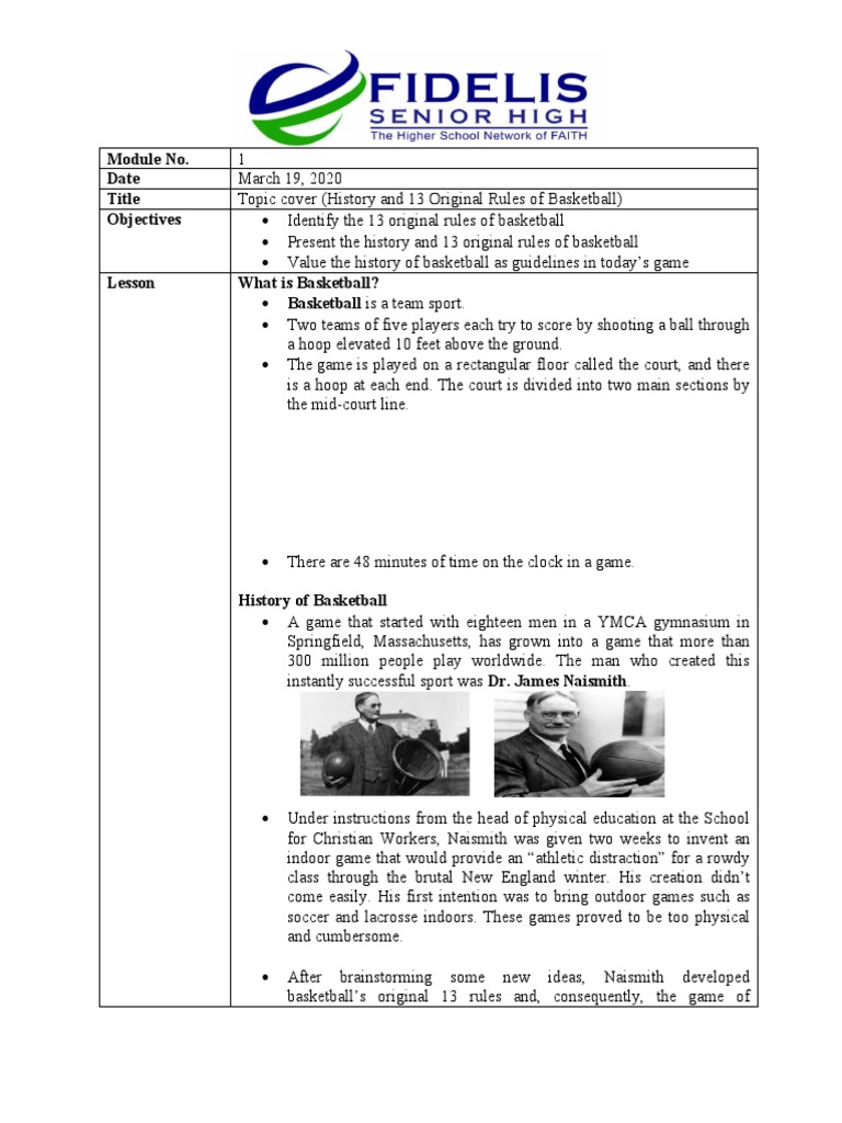 Module 1 PE 11 History and 13 Rules of Basketball | PDF | Competitive ...