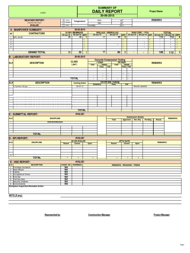Daily Work Force Report Format For Construction | PDF | Safety ...