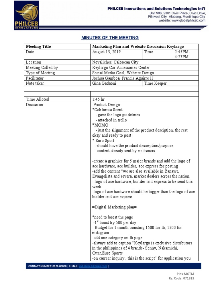 MOTM (Minute of The Meeting) - Keylargo - 20190813 | PDF | Business | Marketing