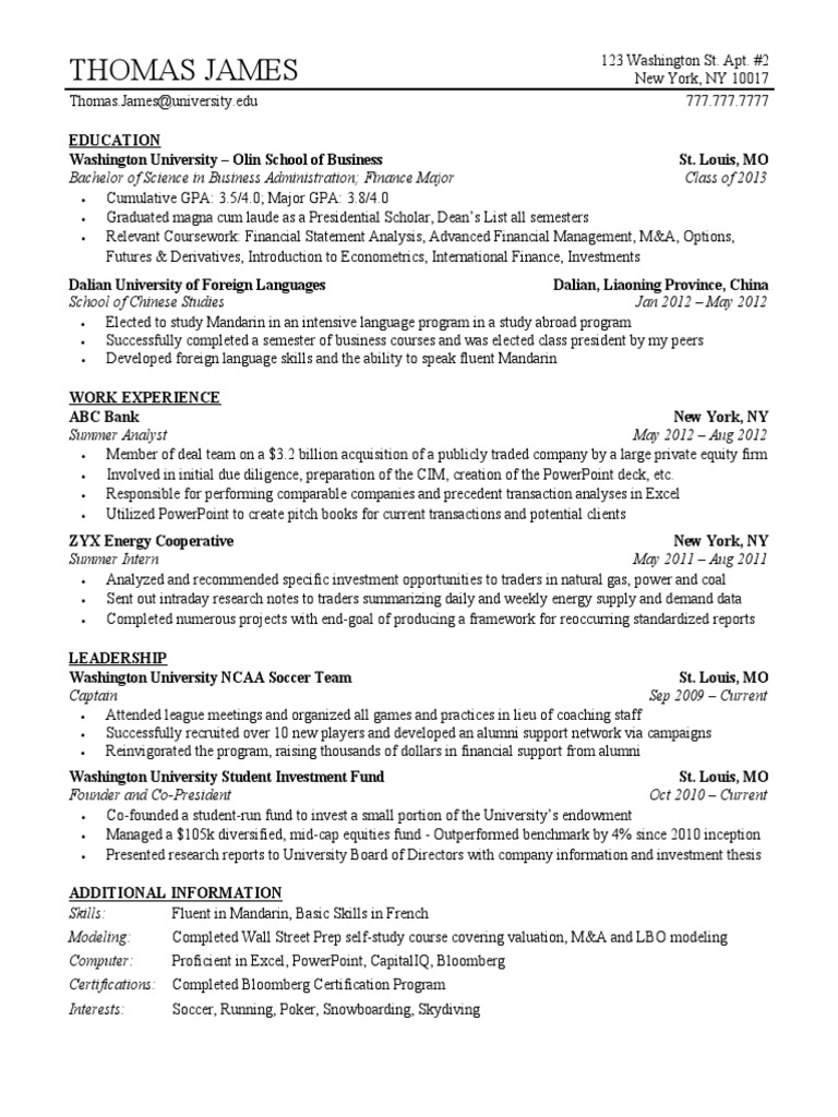 Wso Undergrad Resume Templatev7-11pt Font | PDF | Investment Banking ...