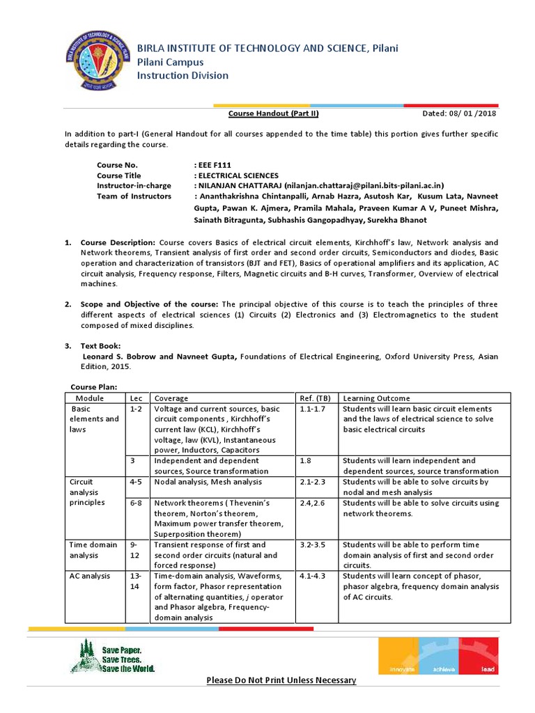 Eee f111 Electrical Sciences1 | PDF | Electrical Network | Transistor