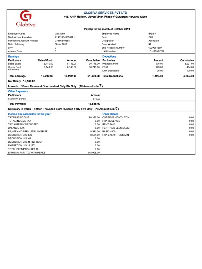 Payslip 2019 2020 10 G103089 GLOBIVA PDF | PDF | Tax Deduction | Income Tax