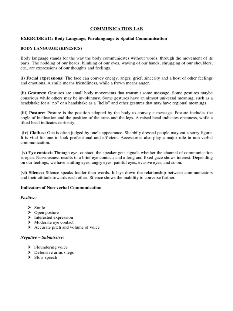 COMMUNICATION LAB - EXERCISE XI - Body Language, Paralanguage & Spatial ...