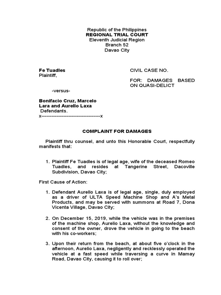 Complaint Quasi Delict | PDF | Complaint | Damages