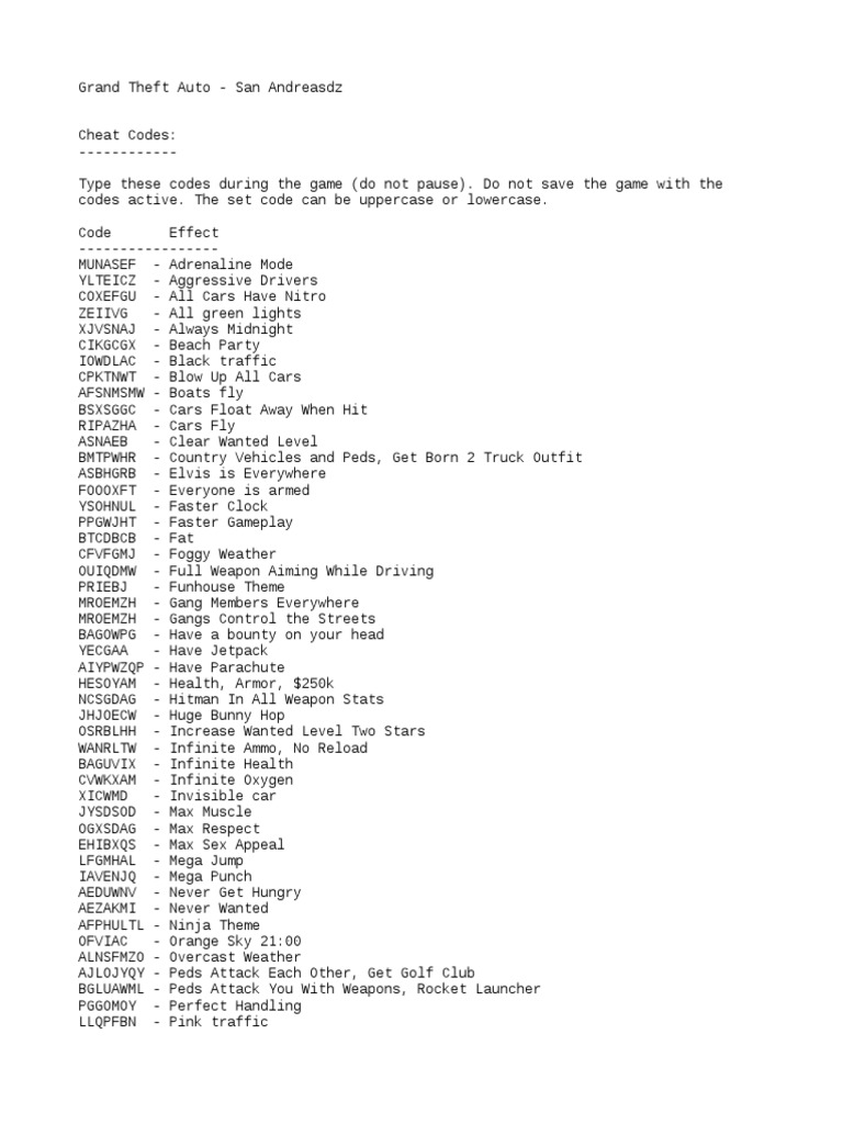 GTA SA Cheat Codes | PDF