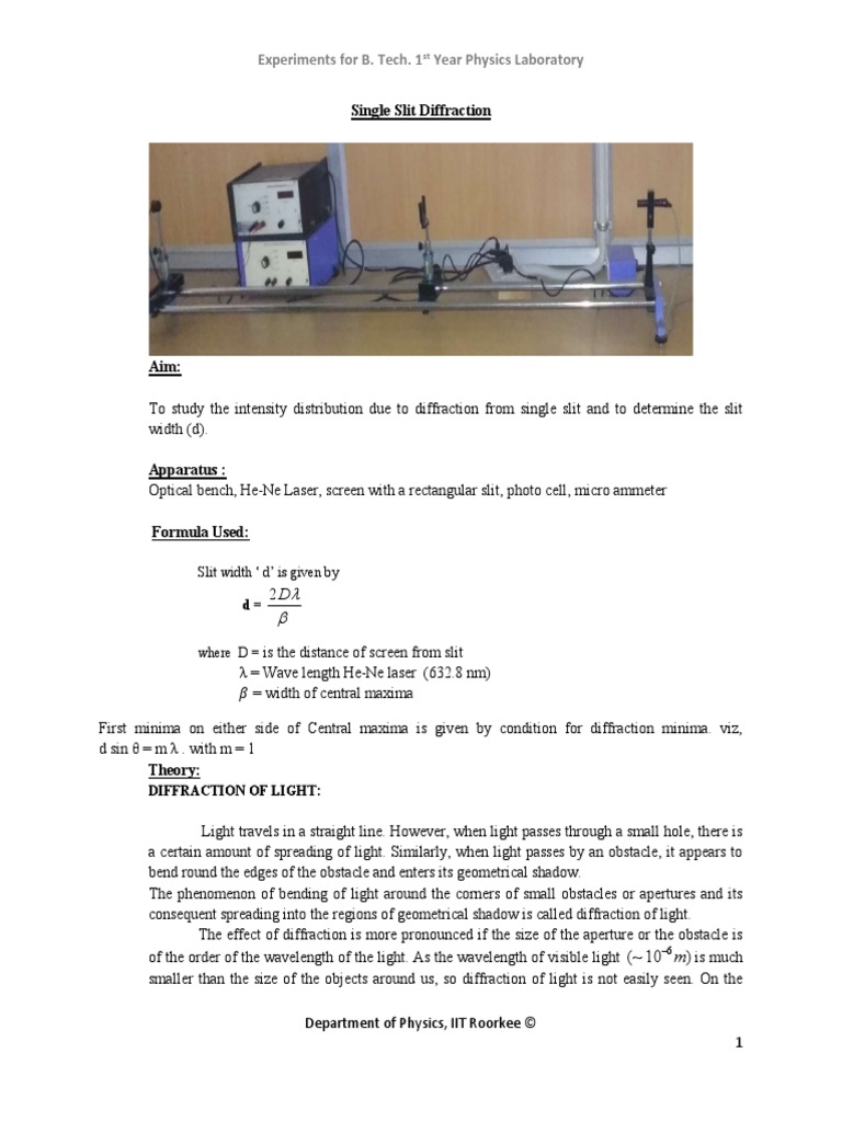 Single Slit Diffraction Exp | PDF | Diffraction | Wavelength