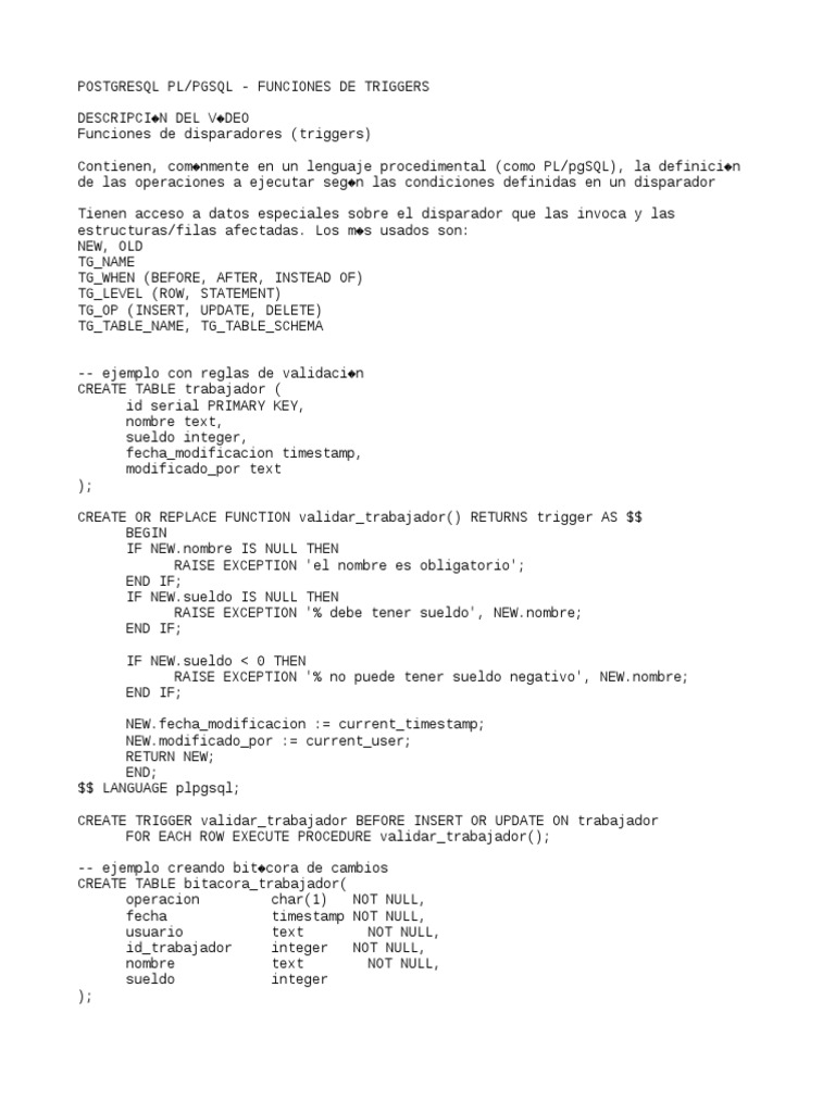 Postgresql - Funciones de Triggers | Descargar gratis PDF | Postgre Sql | Bases de datos