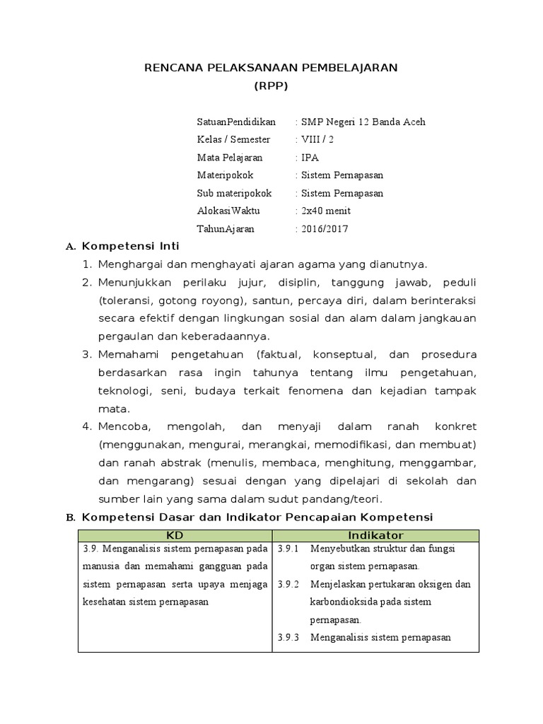 RPP PKM Sistem Pernapasan | PDF | Sains & Matematika