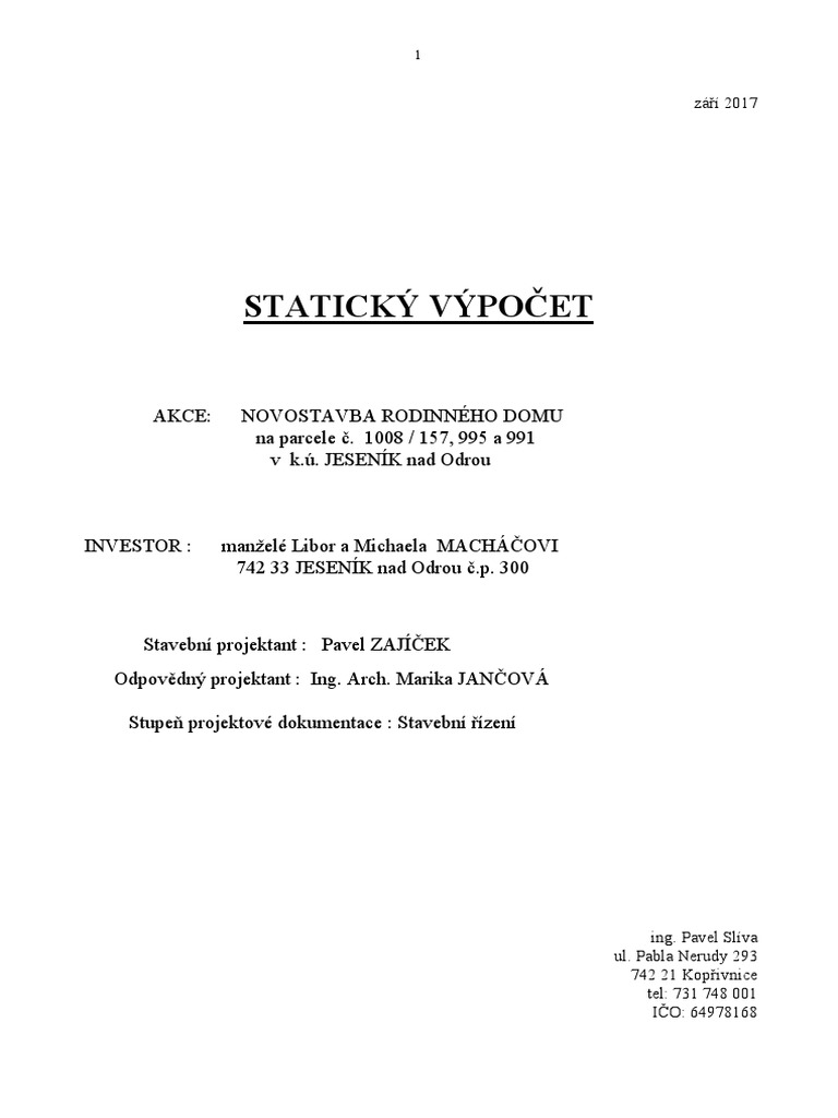 Staticky Vypocet RD JESENIK Manzele Machacovi | PDF