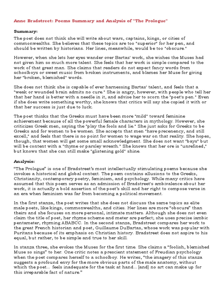 Anne Bradstreet's "The Prologue" Analysis | PDF | Poetry