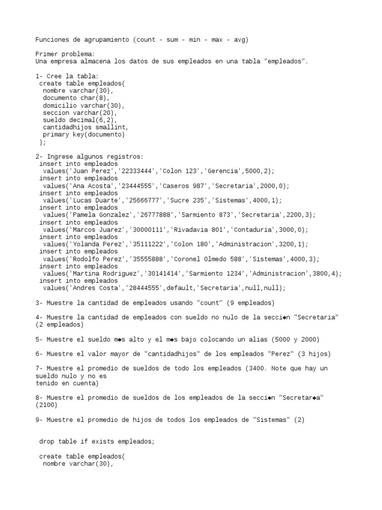 Postgresql Funciones De Agrupamiento Count Sum Min Max Avg Pdf Gestión De Datos 