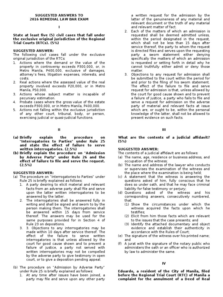 2016 Remedial Law Bar Exam Answers | PDF | Pleading | Summary Judgment