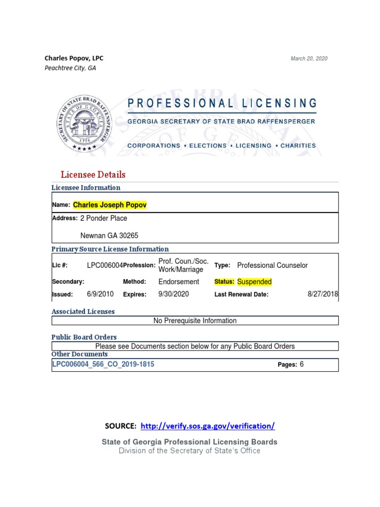 Charles Popov - Counselor License Suspended - Peachtree City & Newnan ...