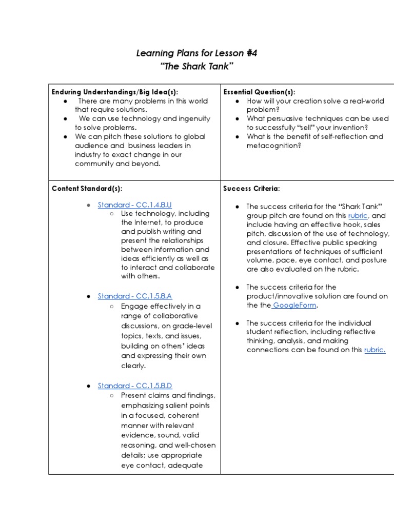 Lesson Plan 4 Shark Tank Chester | PDF | Rubric (Academic) | Lesson Plan