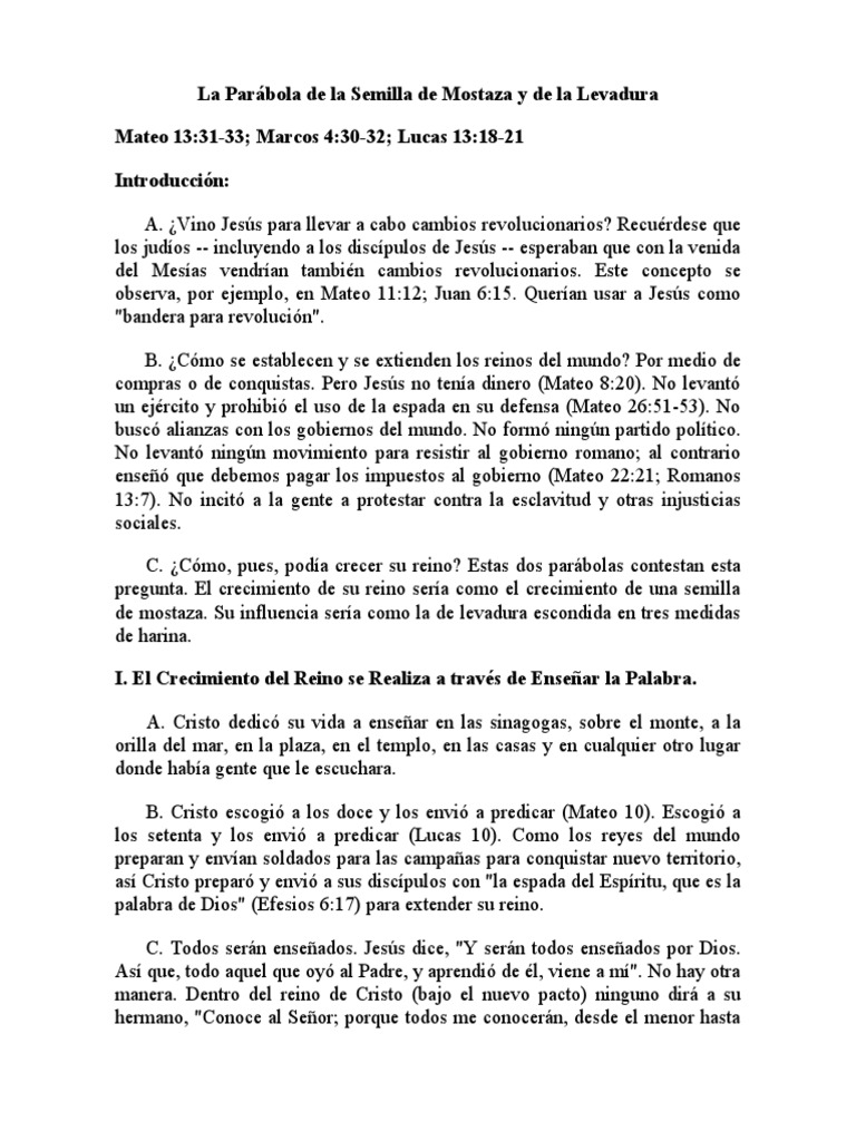 La Parábola de La Semilla de Mostaza y de La Levadura | PDF ...