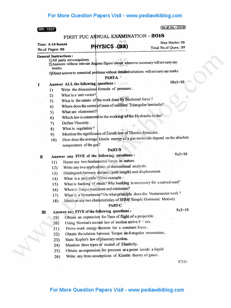 1st PUC Physics Feb 2018 | PDF | Motion (Physics) | Physics