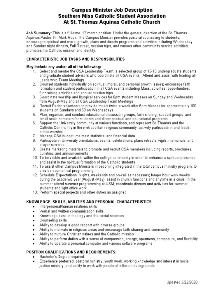 Campus Minister Job Description | PDF | Christian Mission | Catholic Church