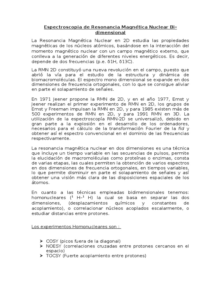 Espectroscopia RMN 2D: Técnicas y Aplicaciones | PDF | Resonancia ...