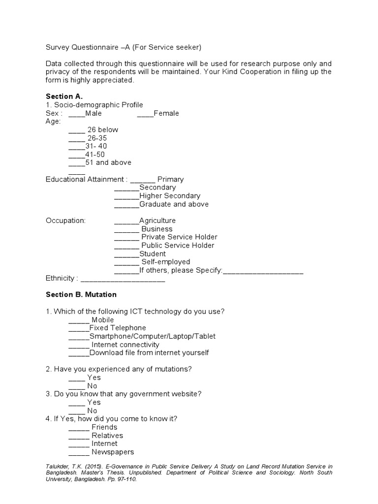 Survey Questionnaire Final On E Governance in Public Service Delivery ...