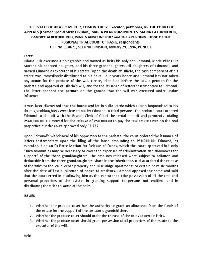 Heirs of Hilario Ruiz Vs Edmond Ruiz | PDF | Probate | Private Law