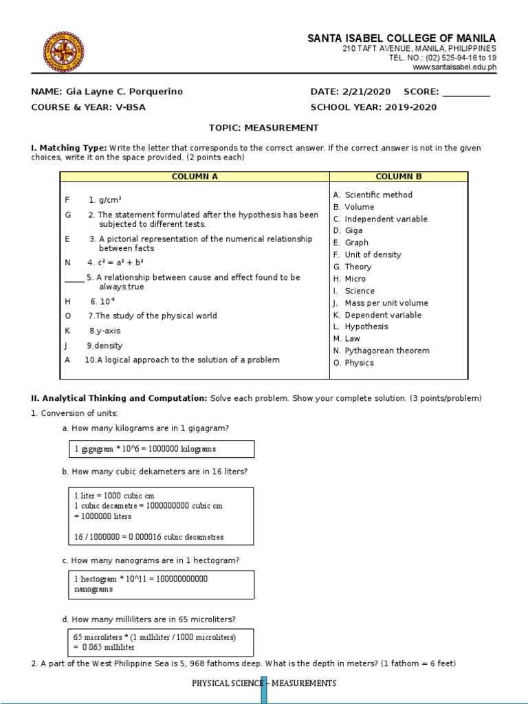 Measurement in Physical Science Exam | PDF | Litre | Density