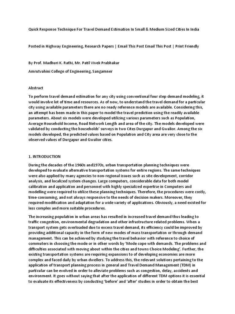 Quick Response Technique For Travel Demand Estimation in Small | PDF | Regression Analysis ...