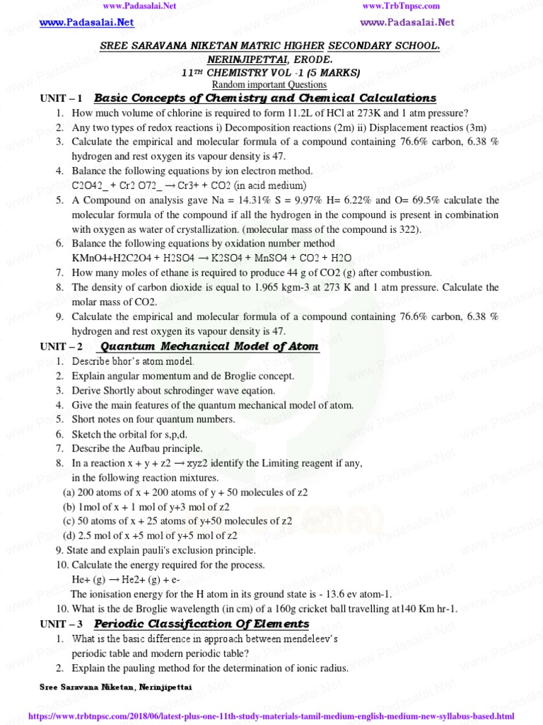 11th Chemistry Important 5 Marks Questions | PDF | Mole (Unit) | Chemistry
