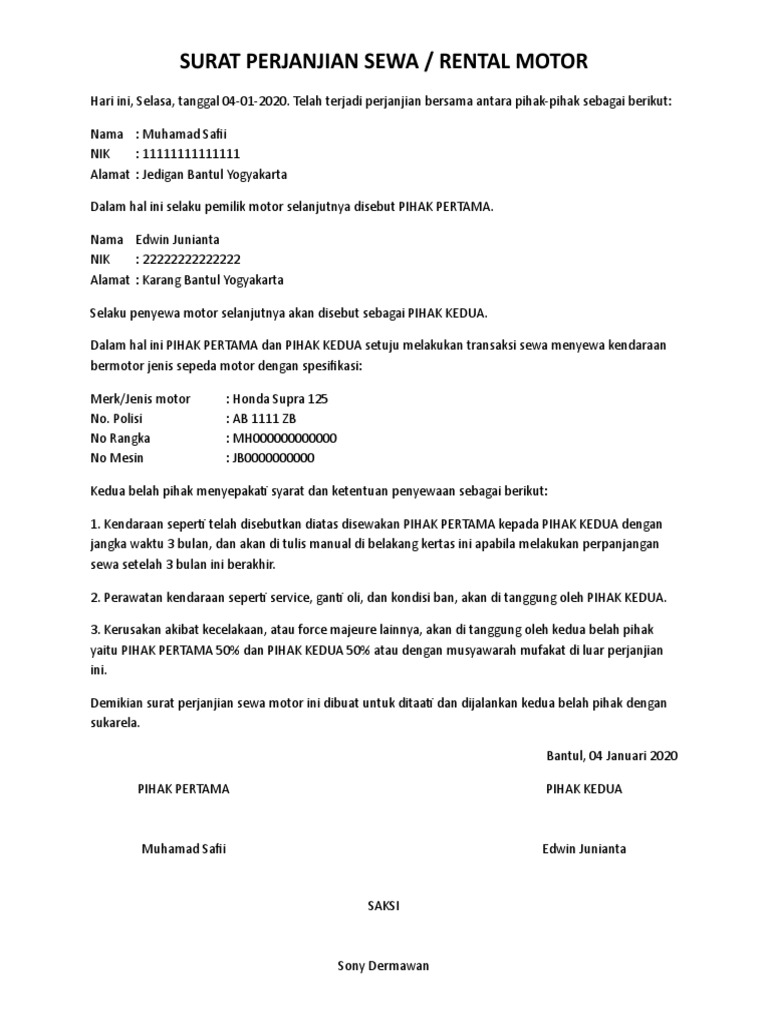 SURAT PERJANJIAN SEWA MOTOR Contoh | PDF