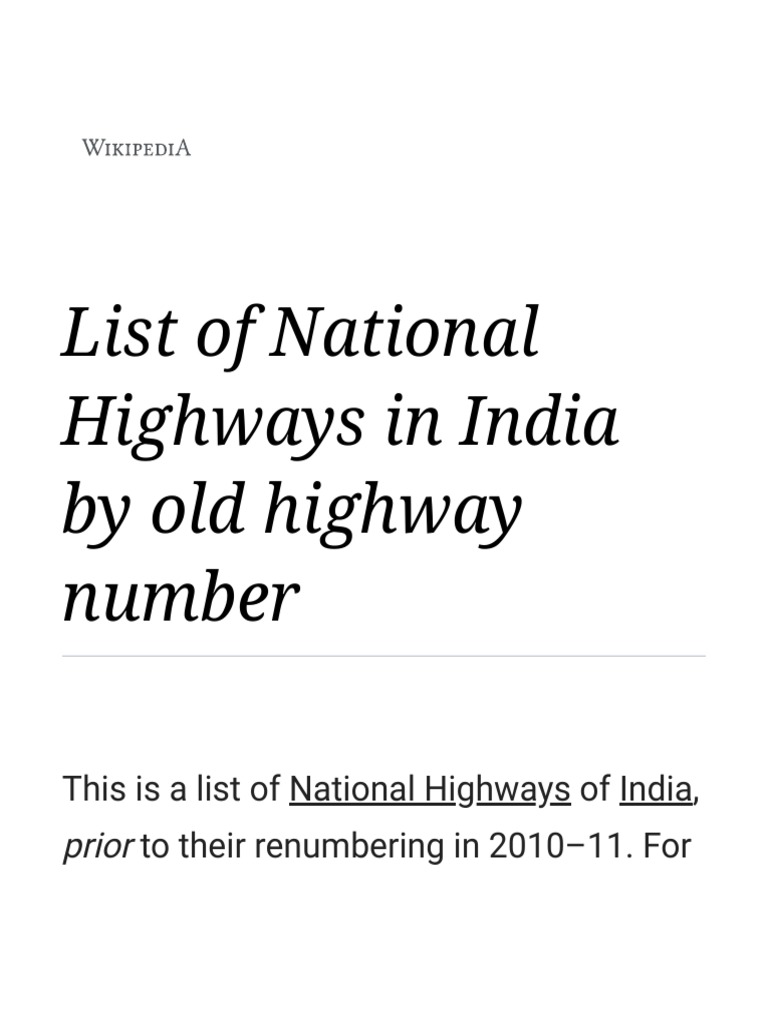 List of National Highways in India by Old Highway Number - Wikipedia ...