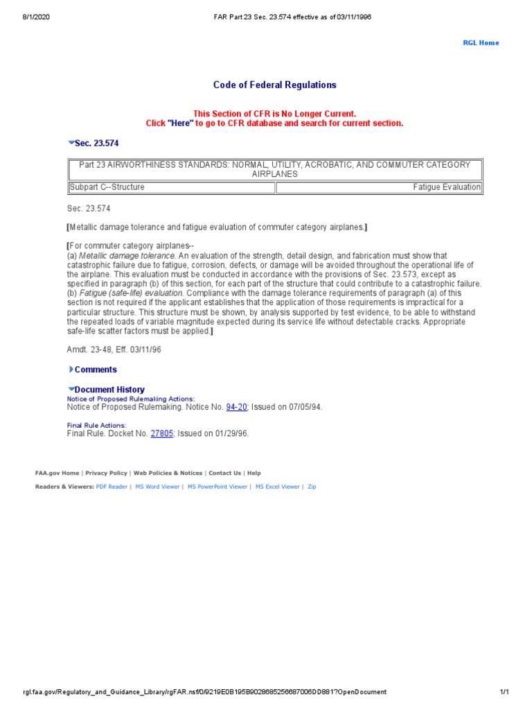 FAR Part 23 Sec. 23.574 Effective As of 03 - 11 - 1996 PDF | PDF ...