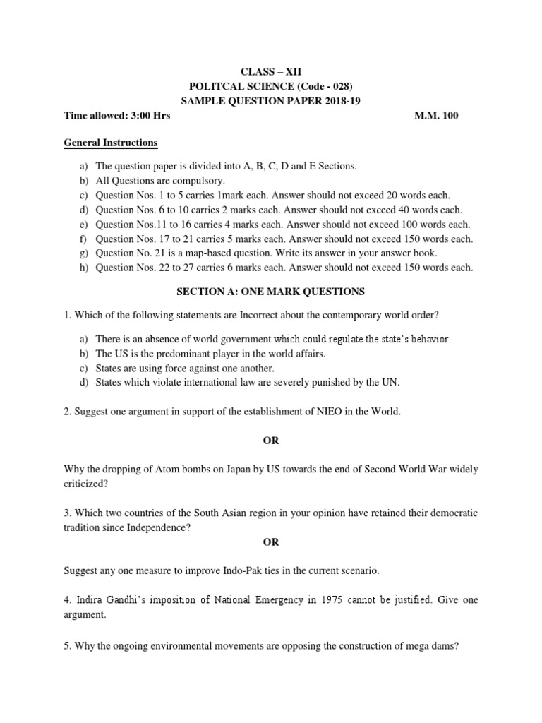 Cbse Class 12 Political Science Sample Paper 2019 PDF | PDF ...