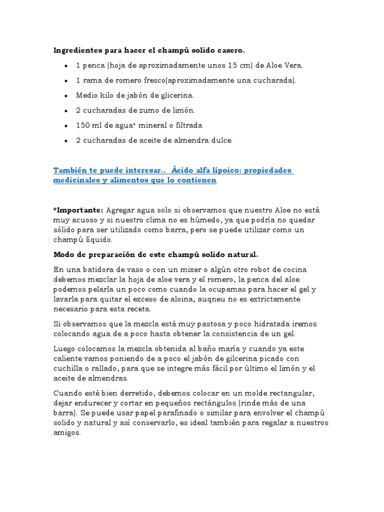 Ingredientes para Hacer El Champú Solido Casero | PDF | Cocina, comidas ...