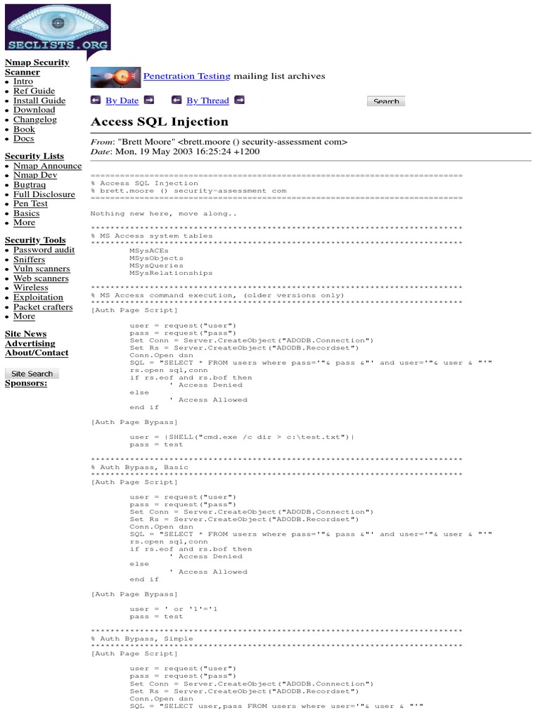 Penetration Testing Access Sql Injection Pdf Microsoft Access Computer Data