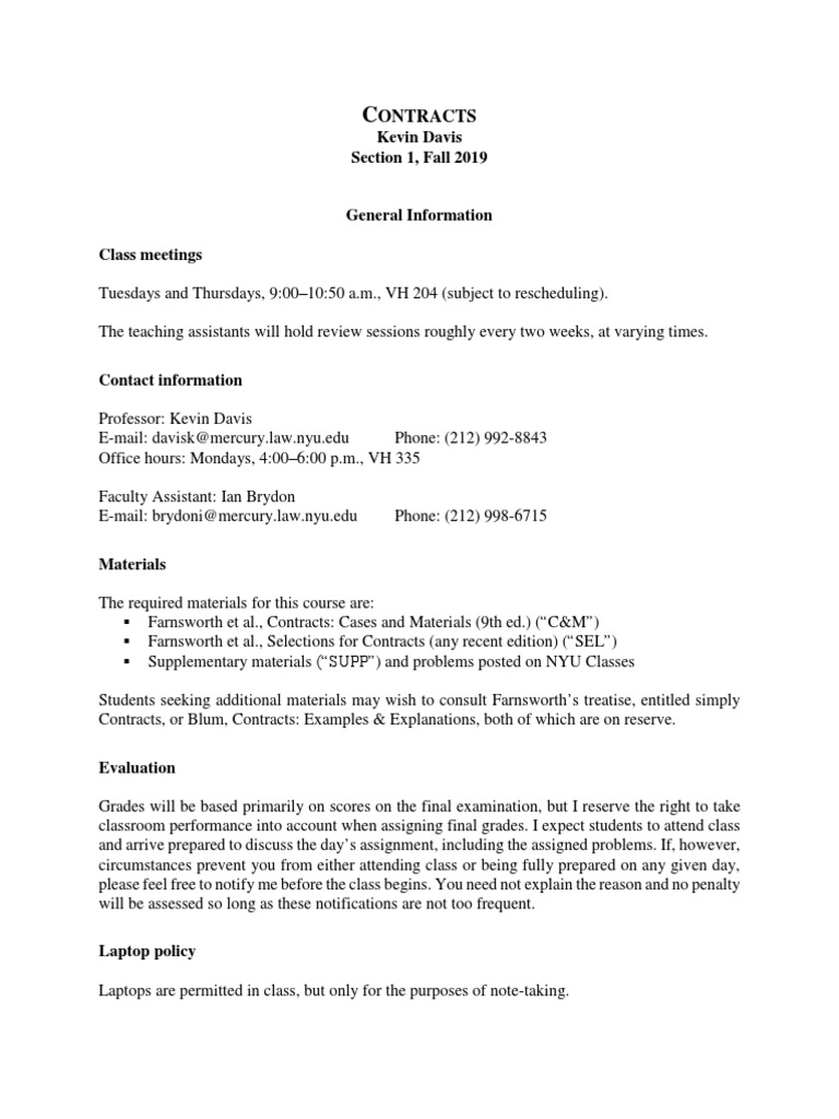 Contracts Fall 2019 Syllabus and First Assignment | PDF | Language Arts ...