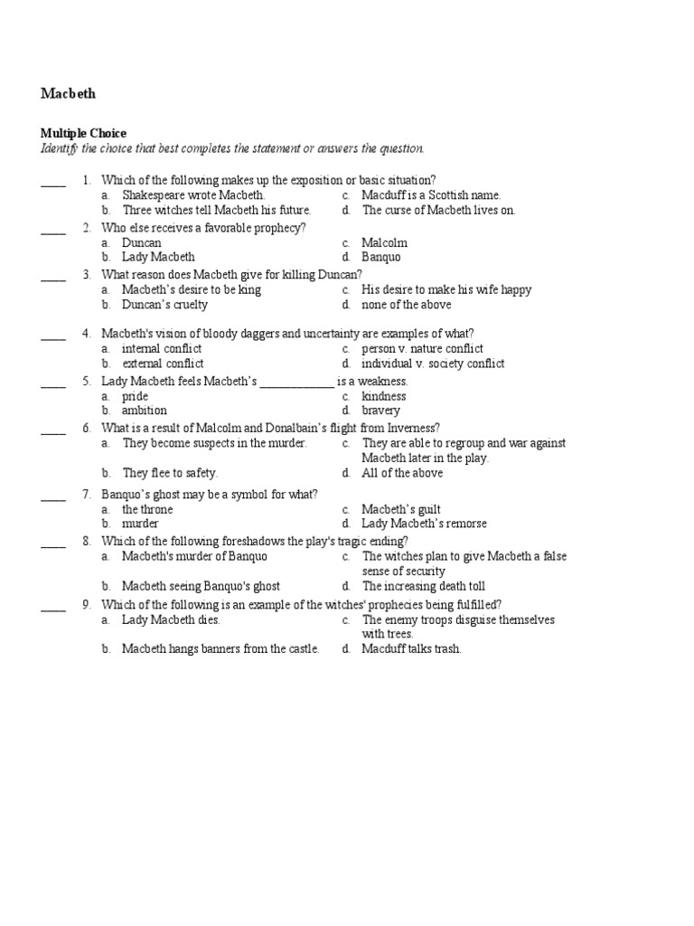 Macbeth Quiz | PDF | Macbeth | Shakespearean Tragedies