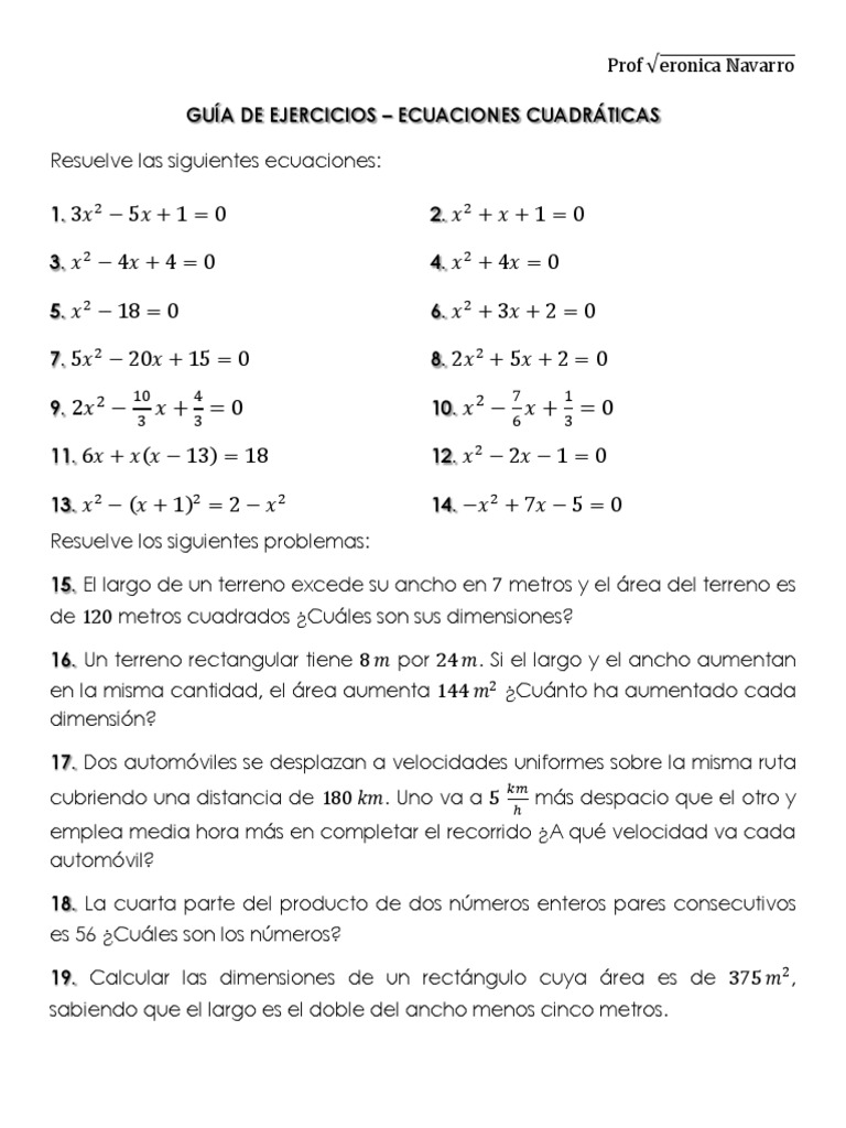 Guía de Ejercicios Ecuaciones Cuadráticas PDF | PDF