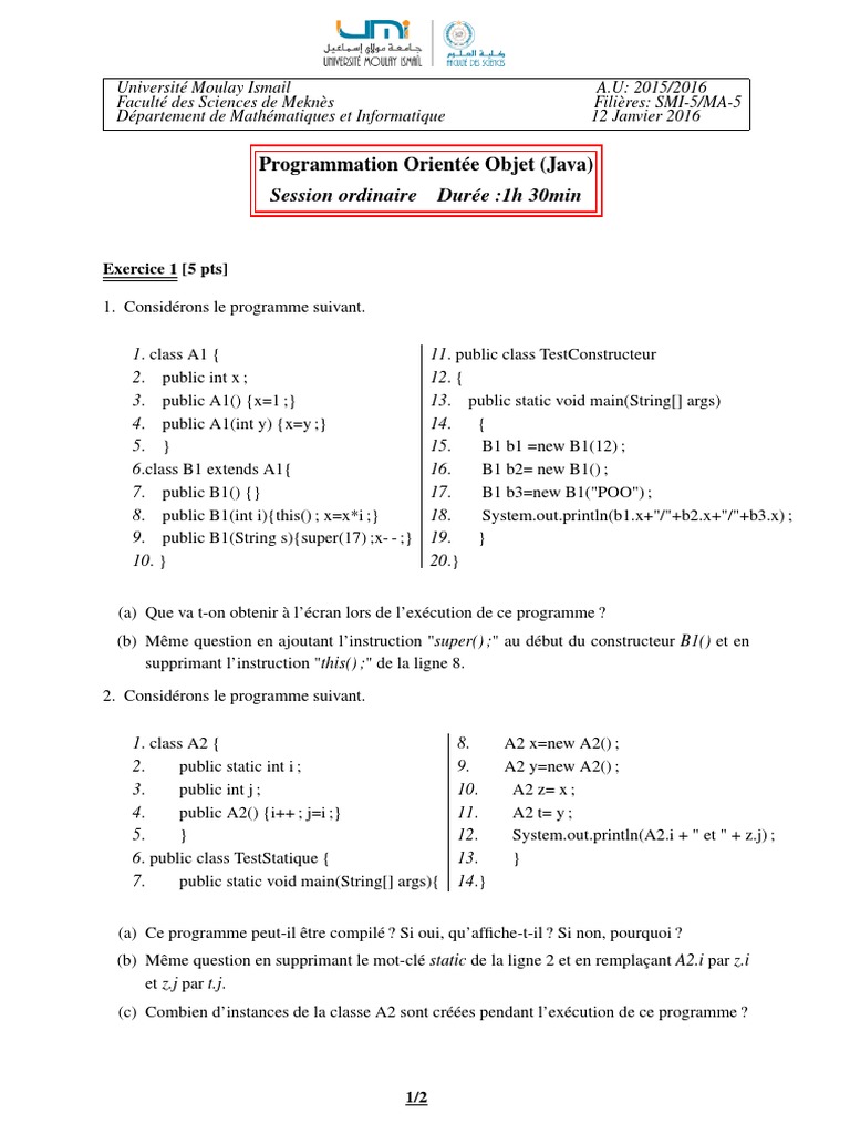 Examen JAVA AU 15-16 | PDF | Constructeur (programmation) | Programmation