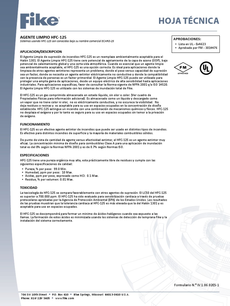 Data Sheets ECARO ES HFC-125 Clean Agent (Spanish) | PDF | Líquidos ...