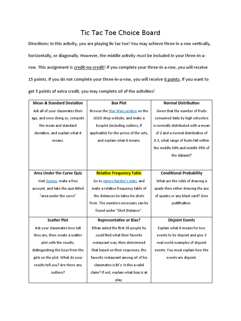 Tic Tac Toe Choice Board | PDF | Outlier | Normal Distribution