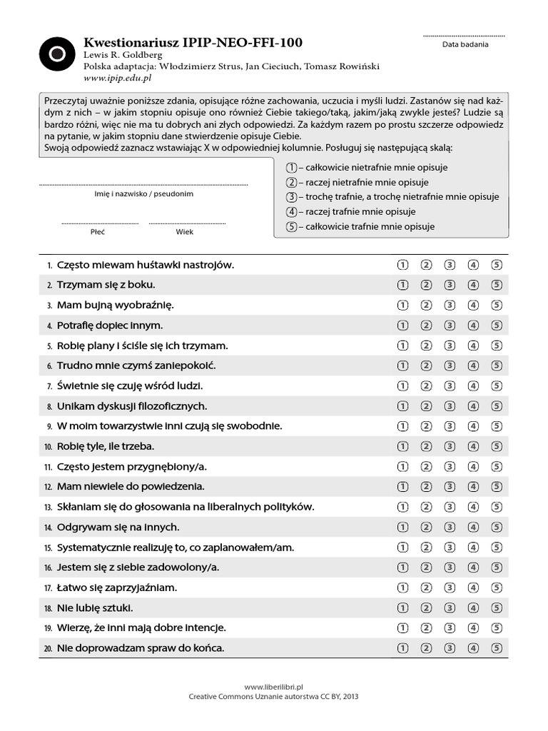 Kwestionariusz IPIP-NEO-FFI-100 | PDF